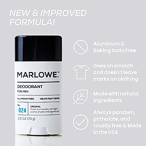 MARLOWE. No. 024 Mens Deodorant 2.5 oz, Natural Deodorant for Men, Aluminum Free Stick, Made with Coconut Oil, Shea Butter & Jojoba, Only No-Nonsense Ingredients, Fresh & Woodsy Scent