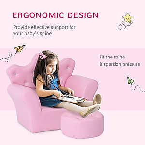 Qaba Kids Sofa Set, Children's Upholstered Sofa with Footstool, Princess Sofa with Diamond Decorations, Baby Sofa Chair for Toddlers, Girls, Pink