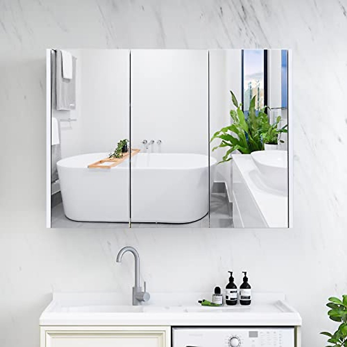 LOKO Large Bathroom Medicine Cabinet with Mirror, Wall Mounted Bathroom Cabinet with 3 Mirrored Doors & Adjustable Shelves, Triple Mirror Door Bathroom Wall Cabinet, 36 x 4.5 x 25.5 Inches