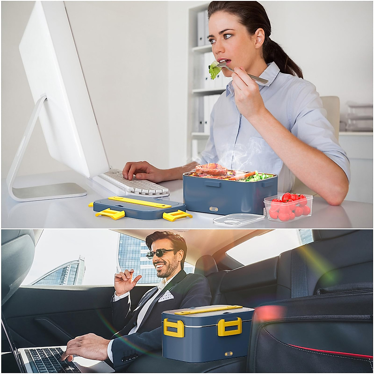 FAMLOVE Electric Lunch Box Food Heater - 1.8l Portable Lunch Warmer, Upgraded Leakproof Heated Lunch Box for work/Office/Car/Truck with fork & Spoon and Insulated Carry Bag (Blue)