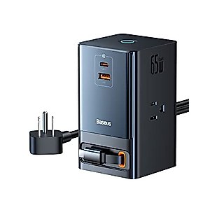 USB C Charger Baseus PowerCombo Tower 65W, 6-in1 Charging Station with Retractable USB-C Cable, 3 Outlets, USB A USB C Ports, Surge Protector Power Strip for MacBook, iPhone, Laptop, Multiple Devices