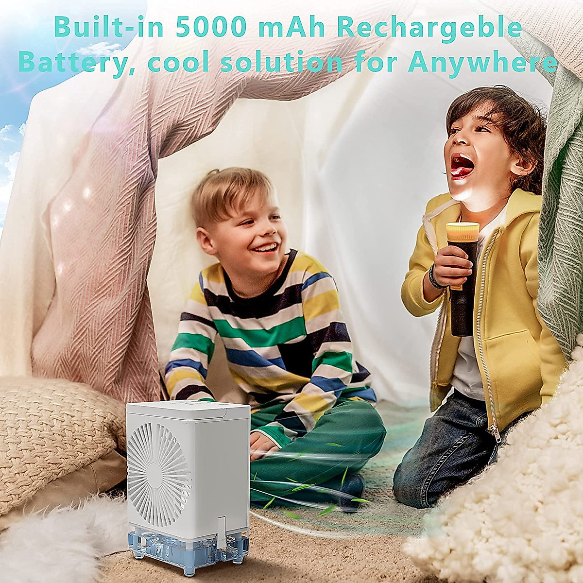 Portable Air Conditioner, Rechargeable Evaporative Air Cooler, 800 ML Water Tank, 5000mAh Battery Operated with Cooling and 3 Speeds Function, Personal Air Cooler for Home Office and Room