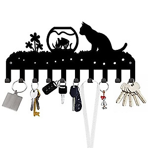ORIGACH Keys Holder Wall Mounted Big The Cat and Fish Key Hooks for Wall Decorative, Iron Key Rack with 10 Hooks for Front Door Entryway Home and Kitchen, 10 Inches