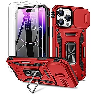 Maxdara for iPhone 14 Pro Max Camera Cover Case with Screen Protector, with Built-in 360° Rotate Ring Stand Magnetic Car Mount Cover Case for iPhone 14 Pro Max 6.7 inch, Red