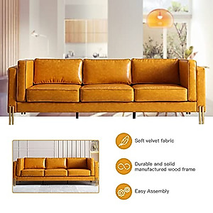 Hommoo Faux Leather Sofa 94" Large 3 Seater Sofa with Removable Cushions Mid Century Modern Couch for Living Room Comfy Couch with Gold Metal Legs Apartment Couch Brown