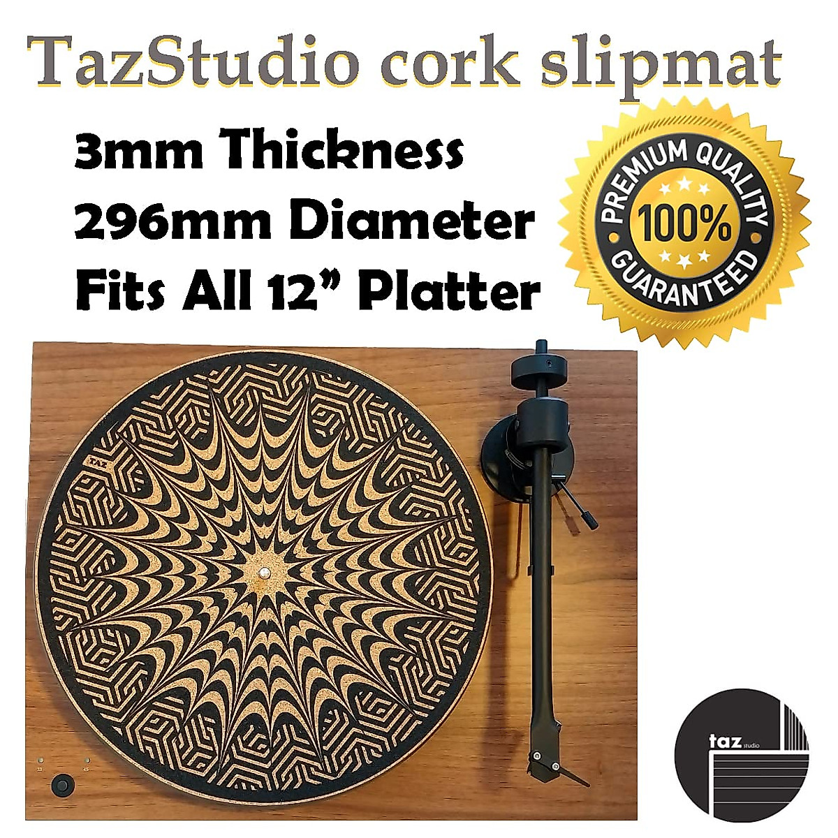 TazStudio Cork Turntable Mat for Better Sound Support on Vinyl LP Record Player - Original Geometric Design Mix Pattern [3mm thickness]-m1