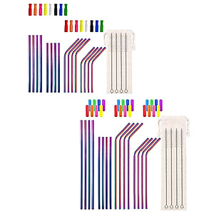 Reusable Metal Straws Short Steel Straws for Drinks, 5.5" + 6.5" + 8.5" + 10.5", straight + bent straws, with silicone tips and cleaning brush