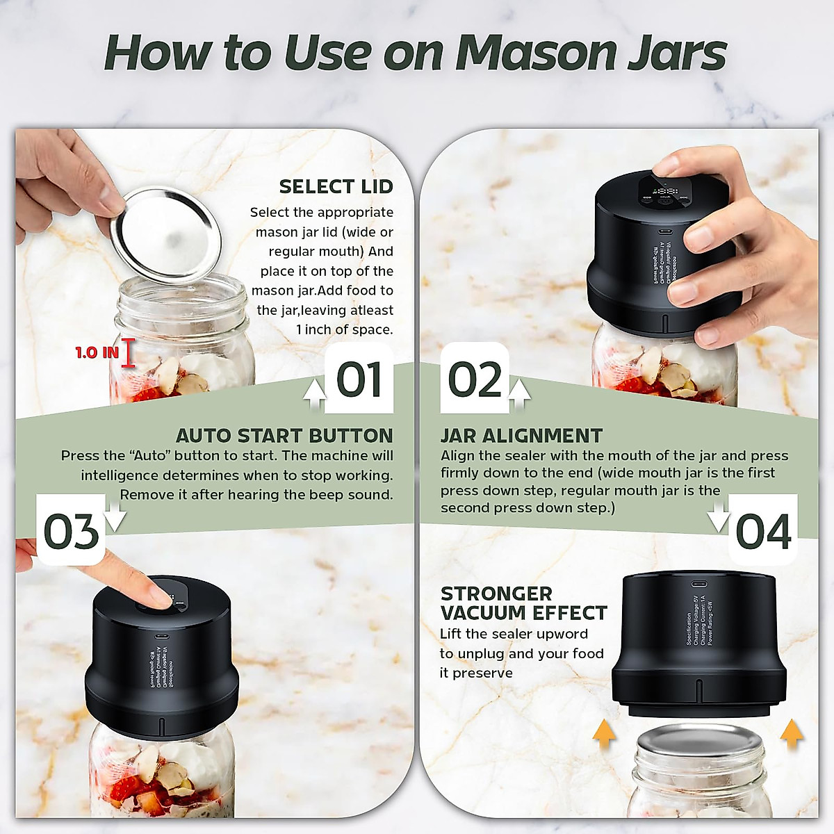 Fully Automatic Mason Jar Vacuum Sealer for Regular & Wide Mouth Mason Jars, Canning & Sous Vide Bags Vacuum Sealer Mason Jar, Jar Sealer Vacuum Sealing, Food Saver Vacuum Sealer for Jars