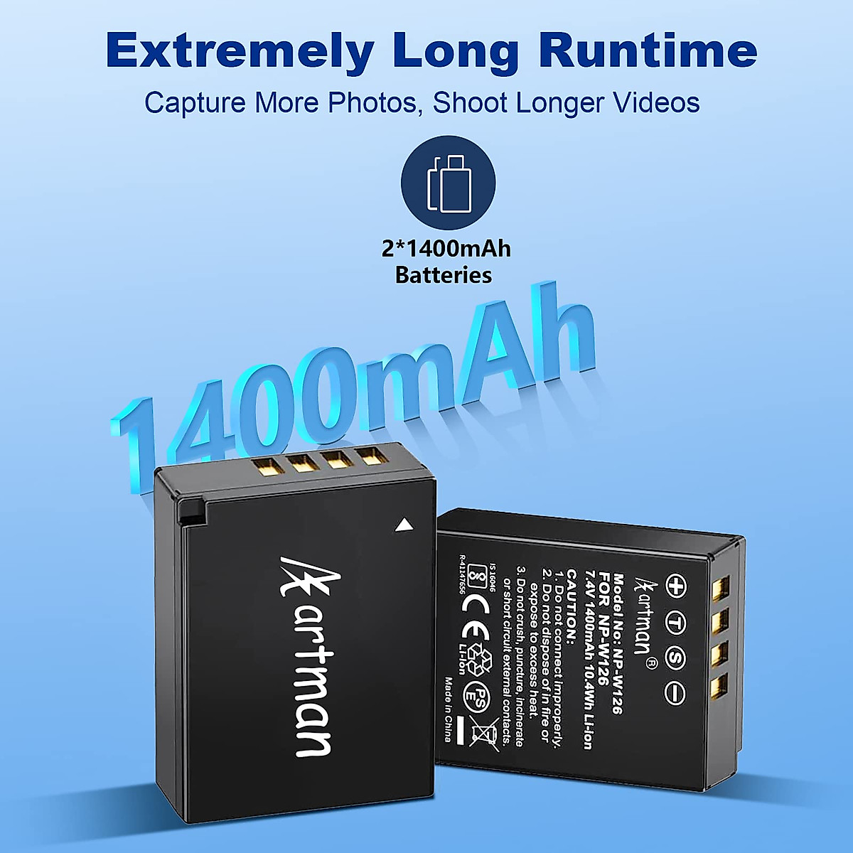 Artman NP-W126 NP-W126S Battery and LCD Dual Charger for Fujifilm X100V, X100VI, X100F, X-T100, X-T200, X-T1, X-T2, X-T3, X-T10, X-T20, X-T30 II, X-S10, X-A5, X-A10, X-E4, X-Pro2, X-Pro3 (2-Pack)