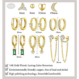 PLOMFOV 14K Gold Silver Hoop Studs Earrings Set for Women Dainty Dangle Hoop Gold Earrings Set for Multiple Piercing Gold Tone