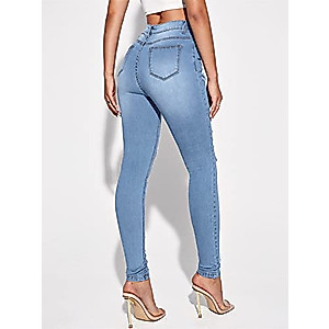 Floerns Women's High Waisted Ripped Skinny Jeans Destroyed Denim Pants Light Blue S
