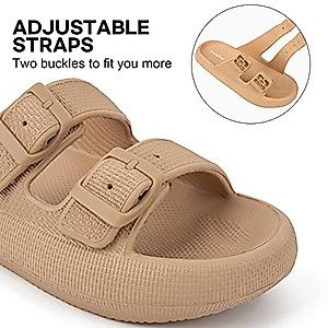 LongBay Women Men Double Buckle Adjustable EVA Slide Slippers Cloud Pillow Sandals (Brown, 11.5-12.5 Women/9.5-10.5 Men