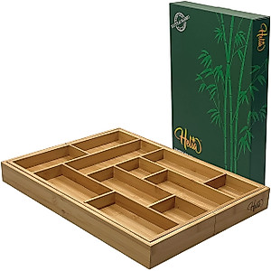 HELIA Bamboo Expandable Drawer Organizer with Movable Dividers | Solid Bamboo Drawer Organizer and Kitchen Utensil Holder for Flatware and Cutlery | Bamboo Utensil Organizer for Kitchen Drawers
