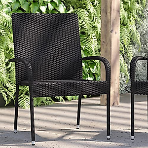 Flash Furniture Maxim Indoor/Outdoor Wicker Dining Chairs with Fade & Weather-Resistant Steel Frames for Patio and Deck, Set of 2, Black