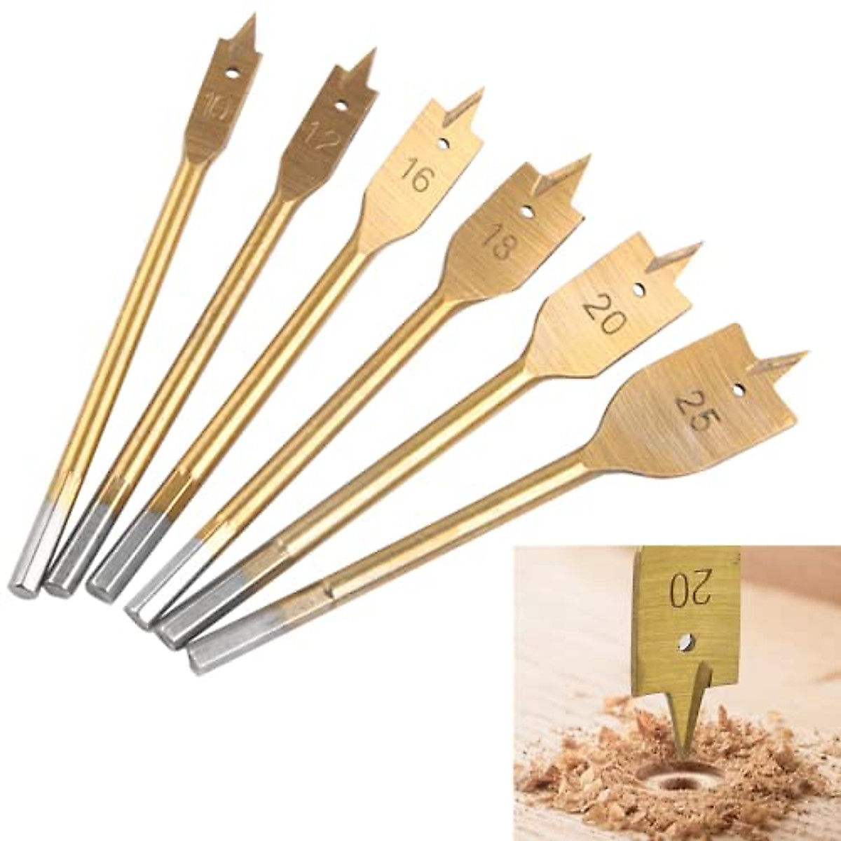 Spade Drill Bit Set, 6 Pieces Paddle Flat Bits for Woodworking, Carbon Steel with Titanium Coating, Quick Change Shank, Hole Cutter, 10mm 12mm 16mm 18mm 20mm 25mm