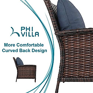 PHI VILLA 4 PCs Outdoor Patio Furniture Conversation Set Wicker Rattan Sofa Set with Coffee Table, Blue Padded Cushion for Garden, Lawn and Deck