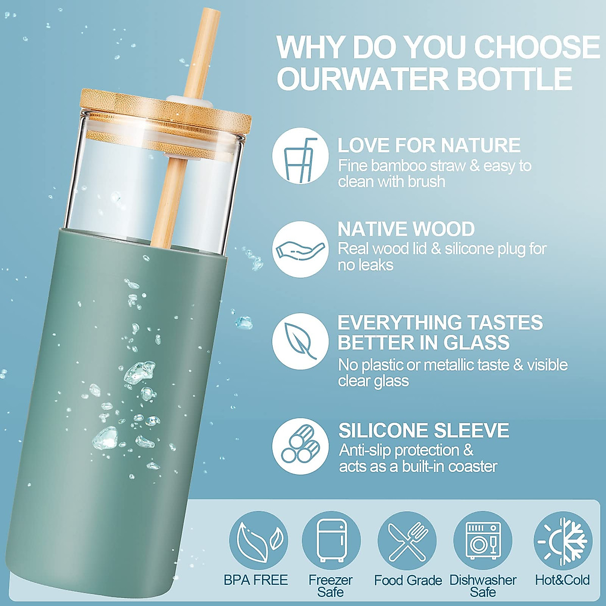 6 Pack Glass Tumblers with Bamboo Lid and Straw Reusable Iced Coffee Cups Smoothie Tumbler Aesthetic Travel Straw Cups Glass Water Bottle with Silicone Protective Sleeve and Brush (20 oz)