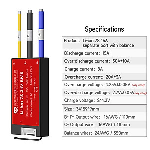 DALY BMS li-ion 7s 24V 15A with Separate Port Temperature Sensor for Lithium Battery Pack Rated 3.7V Electric Tools