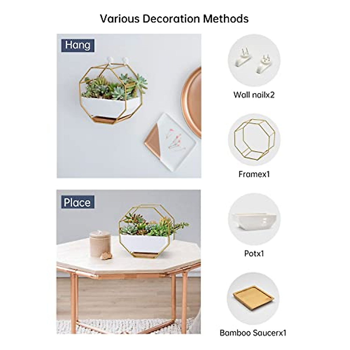 ChiRee Succulent Planters 7×3.5 Inch Decorative Ceramic Flower Plant Pots with Metal Holder Hanging and Place Dual-Purpose Garden Planter Pot with Drainage and Saucer for Indoor Home Office Desktop