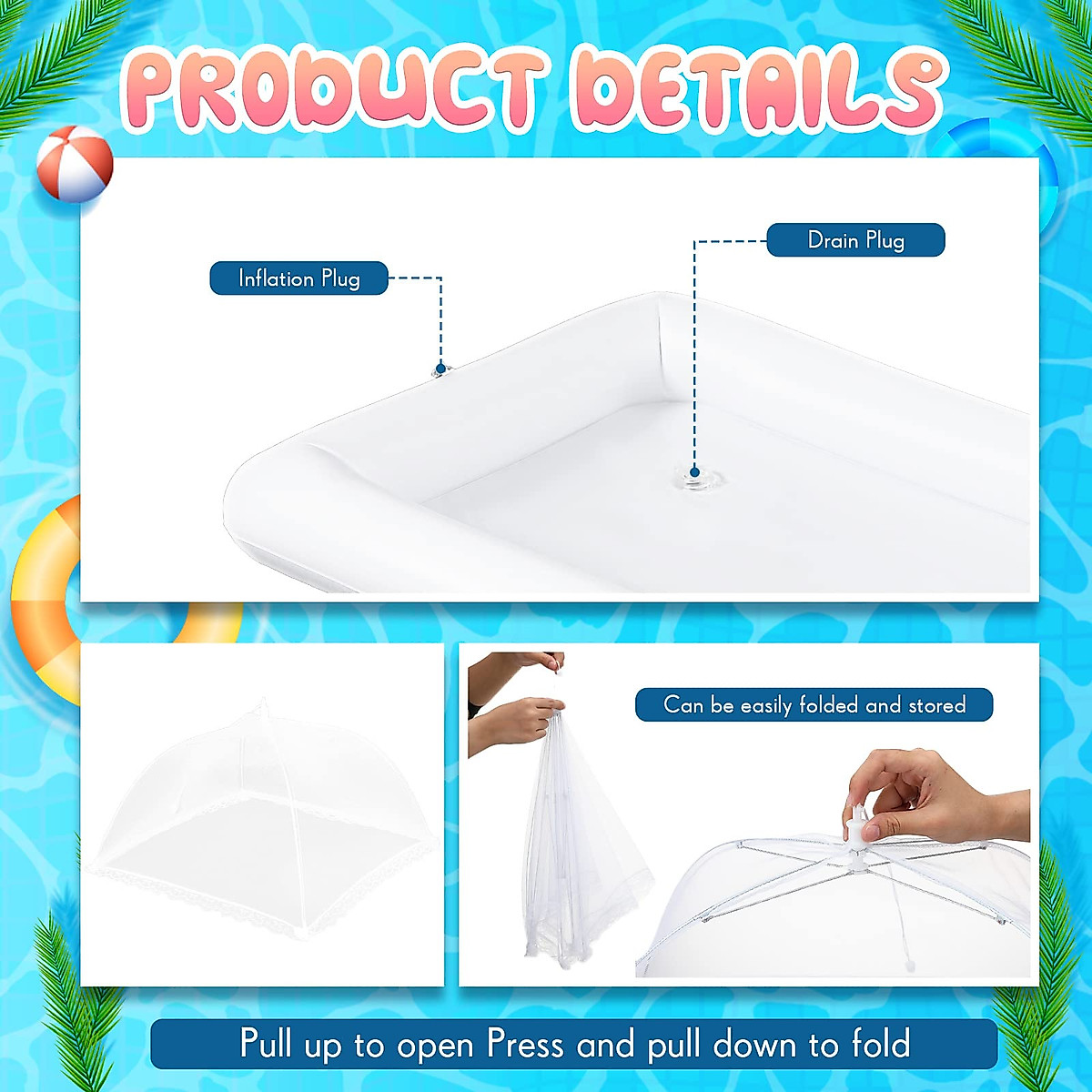 Didaey 4 Pieces Inflatable Ice Serving Bar Inflatable Cooler for Parties Floating Ice Tray Food Drink Containers 12 Pcs Mesh Food Umbrella Covers Tent Food Covers for Pool Party Outdoor Indoor Picnic