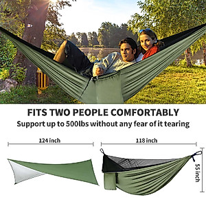 gymolo Camping Hammock - Hammocks with Mosquito Net Tent and Rain Fly Tarp, Portable Single & Double Nylon Parachute Hammock with Heavy Duty Tree Strap, Indoor Outdoor Backpacking Survival Travel