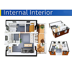 20ft Portable Container Prefab Mobile House with 2 bedrooms, 1 Bath, Kitchen, Windows and Doors (Customizable) for Outdoor Use, Adult Living and Storage with Steel Frame.