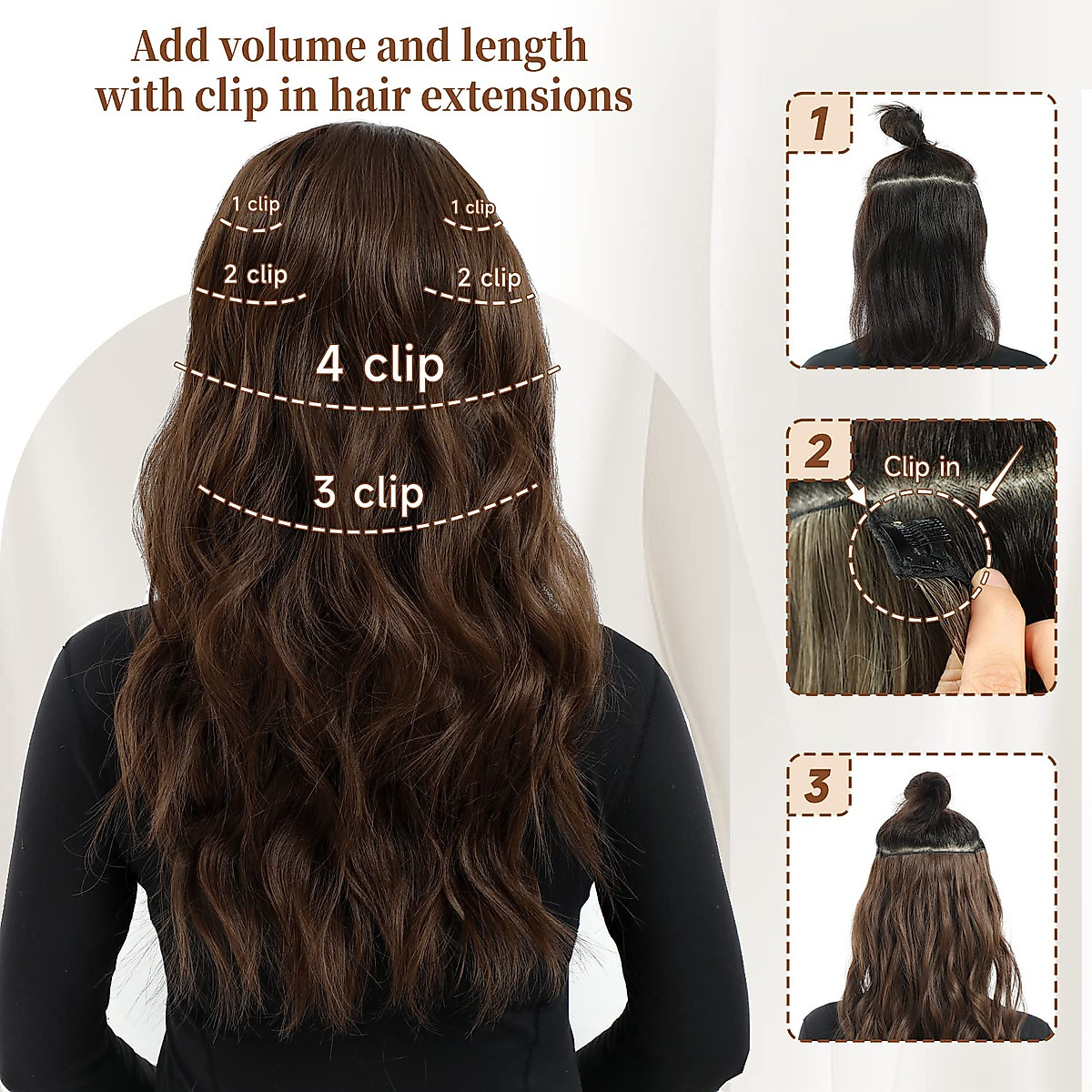 Clip in Hair Extensions, 6 PCS Light Brown Extensions, Wavy Hair Extensions, Natural & Soft Hair & Blends Well Hair Extensions, Chocolate Brown Long Wavy Hairpieces(20inch, 6pcs, Chocolate Brown)