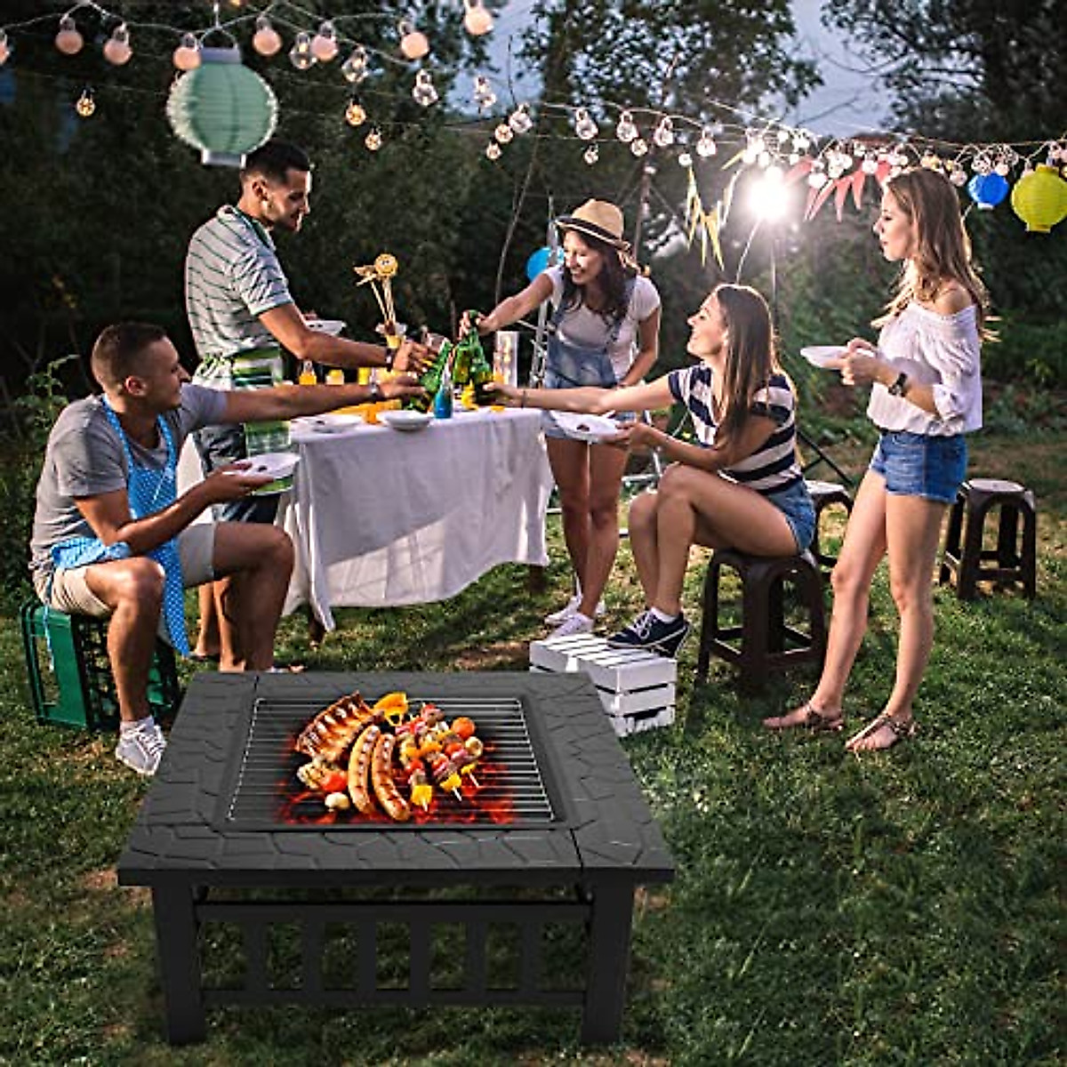 Bonnlo 32” Metal Porch Fire Pit Outdoor Square Poatable Wood Burning Table- Includes Mesh Spark Screen Top, Waterproof Cover and Poker for Camping Patio Backyard Bonfire Fireplace