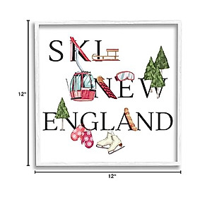 Stupell Industries New England Ski Winter Seasonal Mountain Sports, Designed by Ziwei Li White Framed Wall Art, 12 x 12, Red