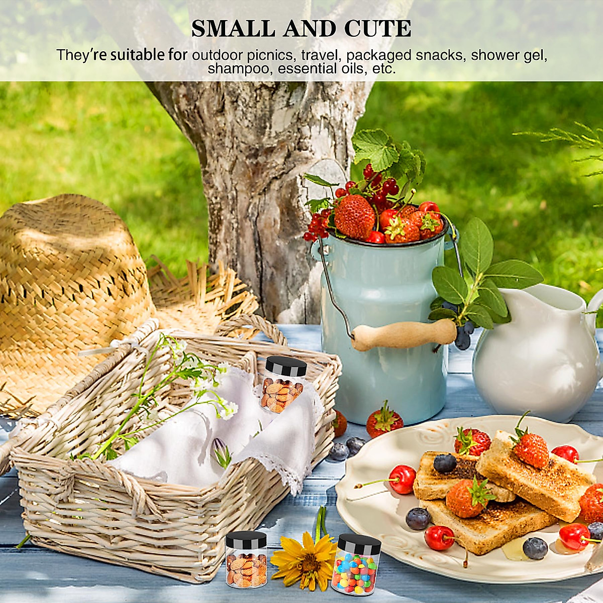 Hajoyful Plastic Jars with Lids 4OZ 48PCS,Small Cosmetic Slime Containers Clear Travel Round Jars Empty Refillable Sample Containers Leak Proof Pot Jars with Black Lids for Lotion, Cream, Cosmetics