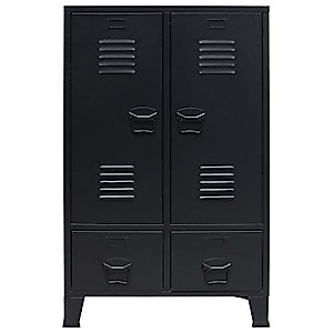 Festnight 42 Inch Tall Wardrobe with Hanging Bars Adjustable Shelves and Storage Drawers Industrial Style Home Office Cabinet Metal Multifuctional File Cabinet Organizer Furniture Black