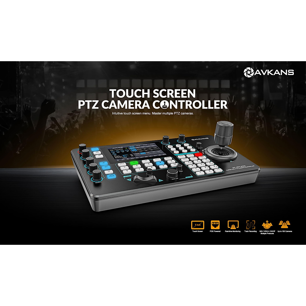 AVKANS Pro PTZ Camera Joystick Controller with 5-inch Touch Preview LCD, IP NDI Camera Controller Keyboard with 4D Joystick for Worship Church Live Streaming Video Production, PoE Enable
