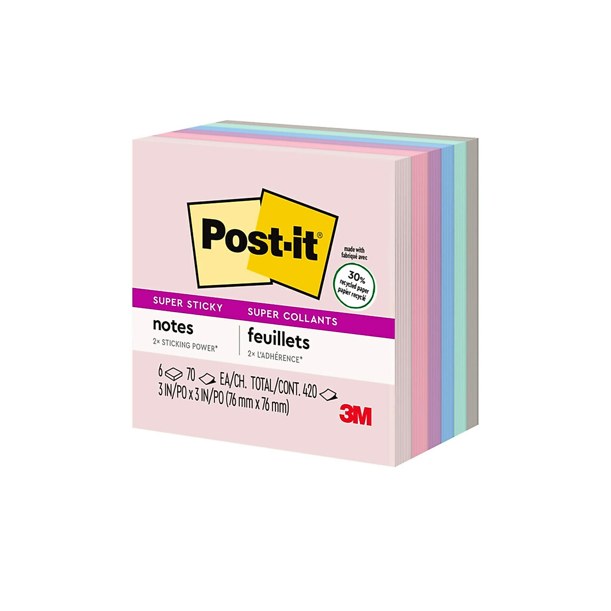 Post-it Super Sticky Recycled Notes, 5 Pastel Colors, Sticks and Resticks, 3 in x 3 in