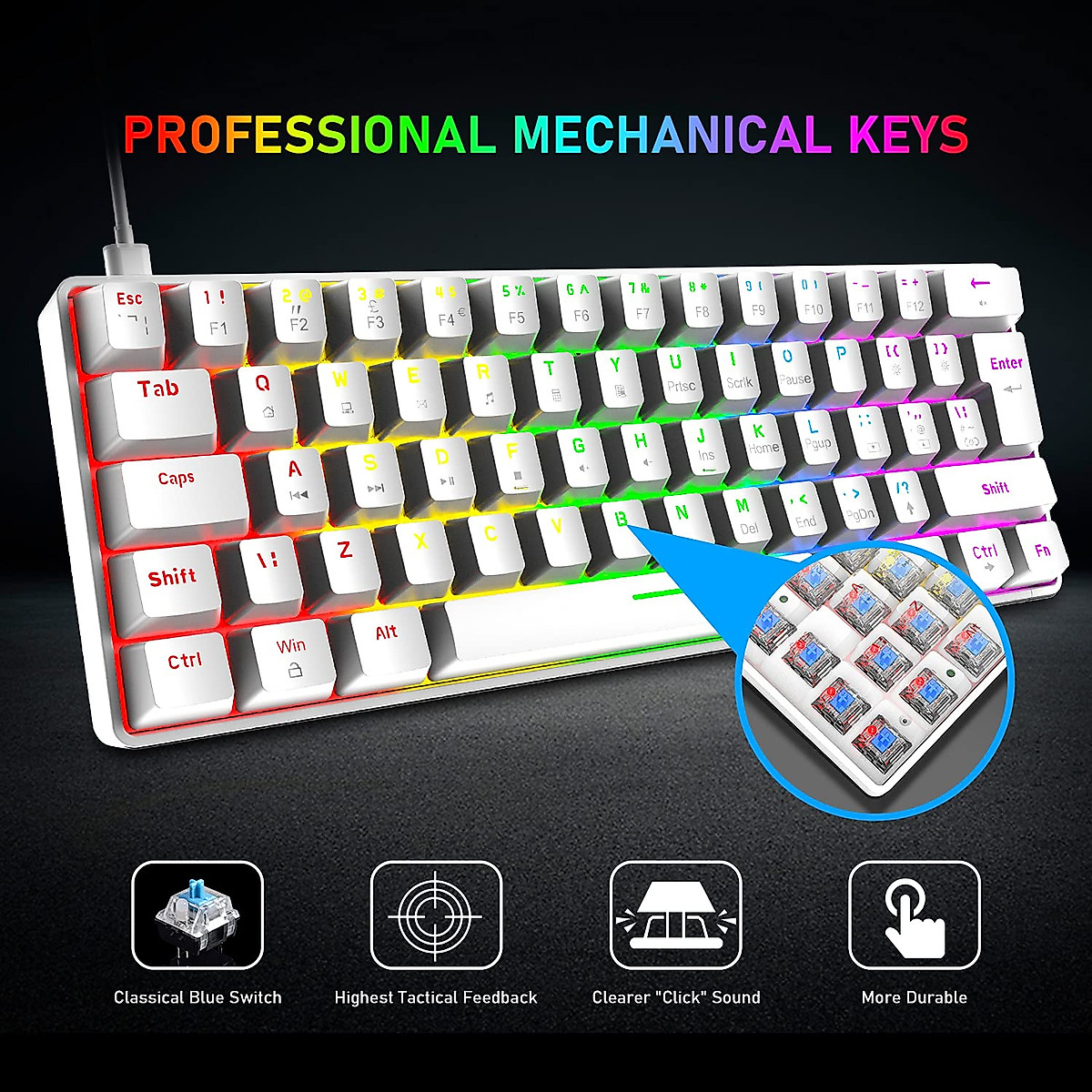 SELORSS Mini 60% Wired Mechanical Gaming Keyboard,22 RGB Chroma Backlit, Compact 62 Full Anti-ghosting Keys, USB C Cable,Replaceable Keycaps,Tactile Switch for Gamer/Typist/Xbox/PC/Win/Mac(White)
