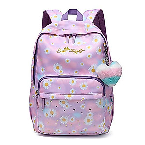 Caran·Y Girls Backpack for Kid in Waterproof Elementary Large space Love decoration Starry Pattern School Bookbag Boys Girls Fit Over 6 Years Old Girls Book Bag（Purple）