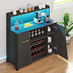 DWVO Bar Cabinet with LED Lights, 47'' Sideboard Buffet Coffee Bar Cabinet with Wine Rack and Glass Holder, Liquor Cabinet with Adjustable Shelf for Living Room, Kitchen, Dining Room, Black