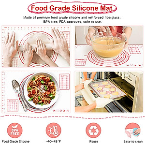 Mixoo Silicone Baking Mat with Wooden Rolling Pin Set - Non-Stick Food Safe Dough Rolling Pastry Mat with a French Rolling Pin and 2 Dough Scrapers for Baking, Fondant, Pie Crust, Pizza, Bread, Cookie