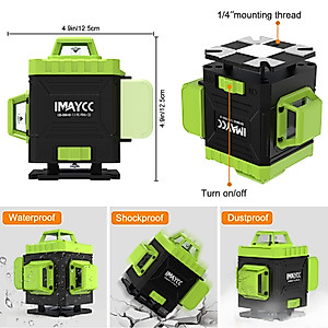 IMAYCC Laser Level, 4x360° Self Leveling Laser Level, 4D Cross Line Laser with Remote Control, Anti-fall Box, Multiple Stands, Rechargeable Batteries for Construction and Decoration