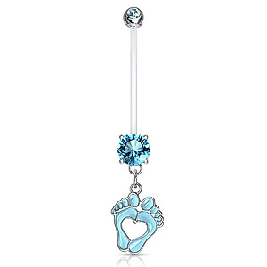 Forbidden Body Jewelry 14G 1" Pregnancy Bioflex Adjustable & Flexible Dangle Baby Feet CZ Maternity Belly Ring, Aqua (1pc)