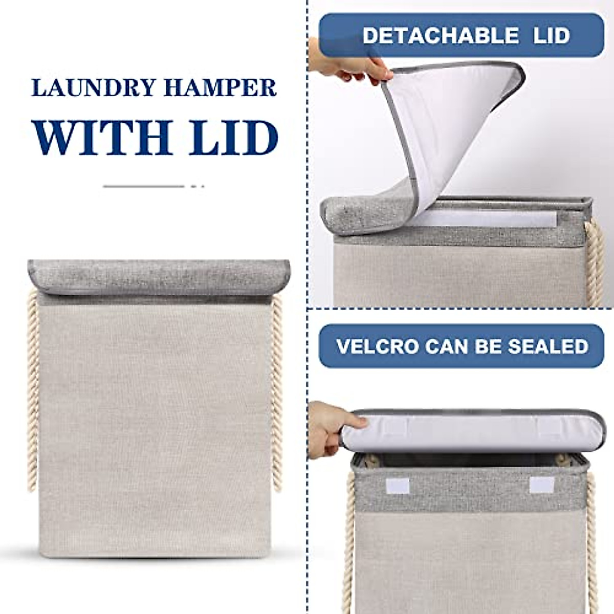 POBOMVOM 60L Laundry Basket with Lid, Hampers for Laundry with Rope Handles Waterproof Lining Detachable Brackets Dirty Clothes Hamper for Bedroom, Bathroom Dorm Organization (19 inches, Light Grey)