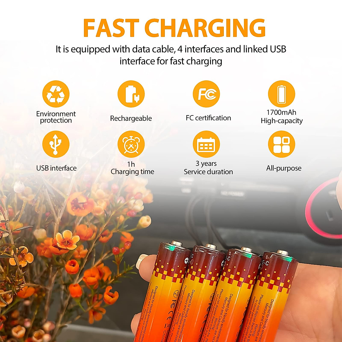 Roludom AA Rechargeable Batteries 1.5V / 2600mAh, USB-C AA Battery Lithium-ion Battery, 1.5h Fast-Charge,Not Need Extra Batteries Charger, The Battery can be Recycled 1200 Times-4 Pack