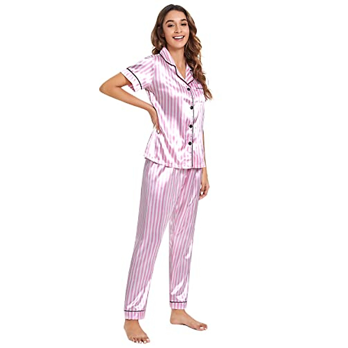 Floerns Women's Printed Two Piece Short Sleeve Sleepwear Long Pants Pajamas Sets Pink White Striped M