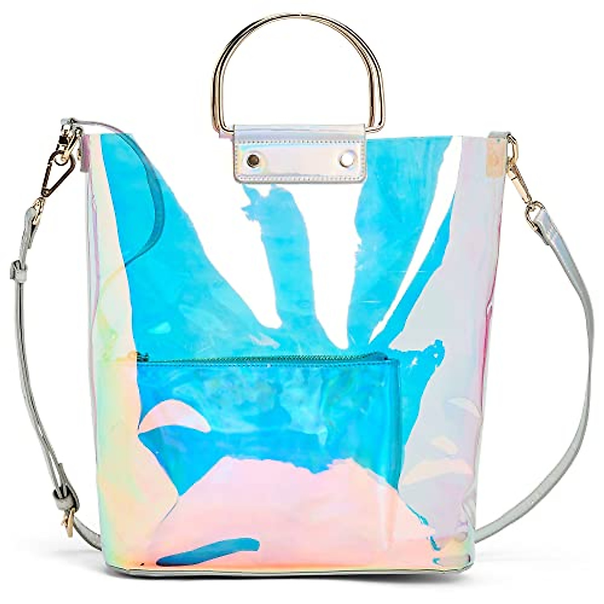 Like Dreams Women's Transparent PU Hologram 2 in 1 Tote Bag Set Gold Handle Inner Pouch Handbag (Hologram)