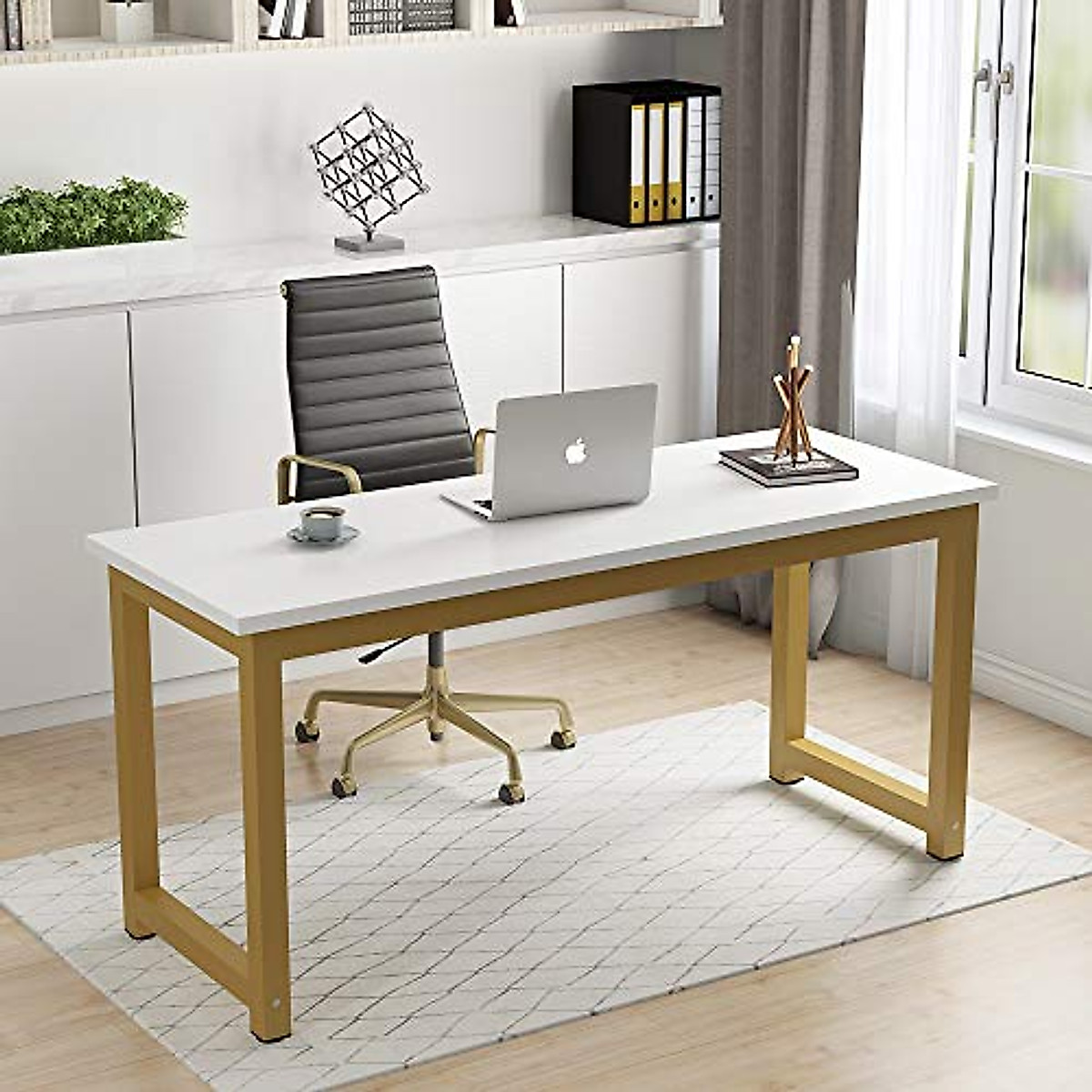 Tribesigns Computer Desk, Large Office Desk, Study Writing Table for Home Office, Easy Assemble, White Gold, 65 X 23.6 inch