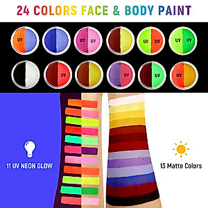 24 Colors Face & Body Paint with 2 Brushes UV Blacklight Neon Rainbow Face Painting Kit for Kids Adult Water Activated Graphic Eyeliner Glow In The Dark for Halloween, Cosplay, Parties & Stage Makeup