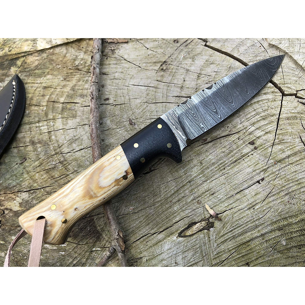 Perkin Damascus Steel Hunting Knife With Sheath Bushcraft Knife - SK1200