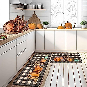 Fall Kitchen Rugs and Mats Set of 2, Thanksgiving Kitchen Rug Non Slip Backing Fall Decorations for Home Seasonal Farmhouse Fall Holiday Autumn Harvest Low-Profile Kitchen Floor Mat 17"X47"+17"X30"