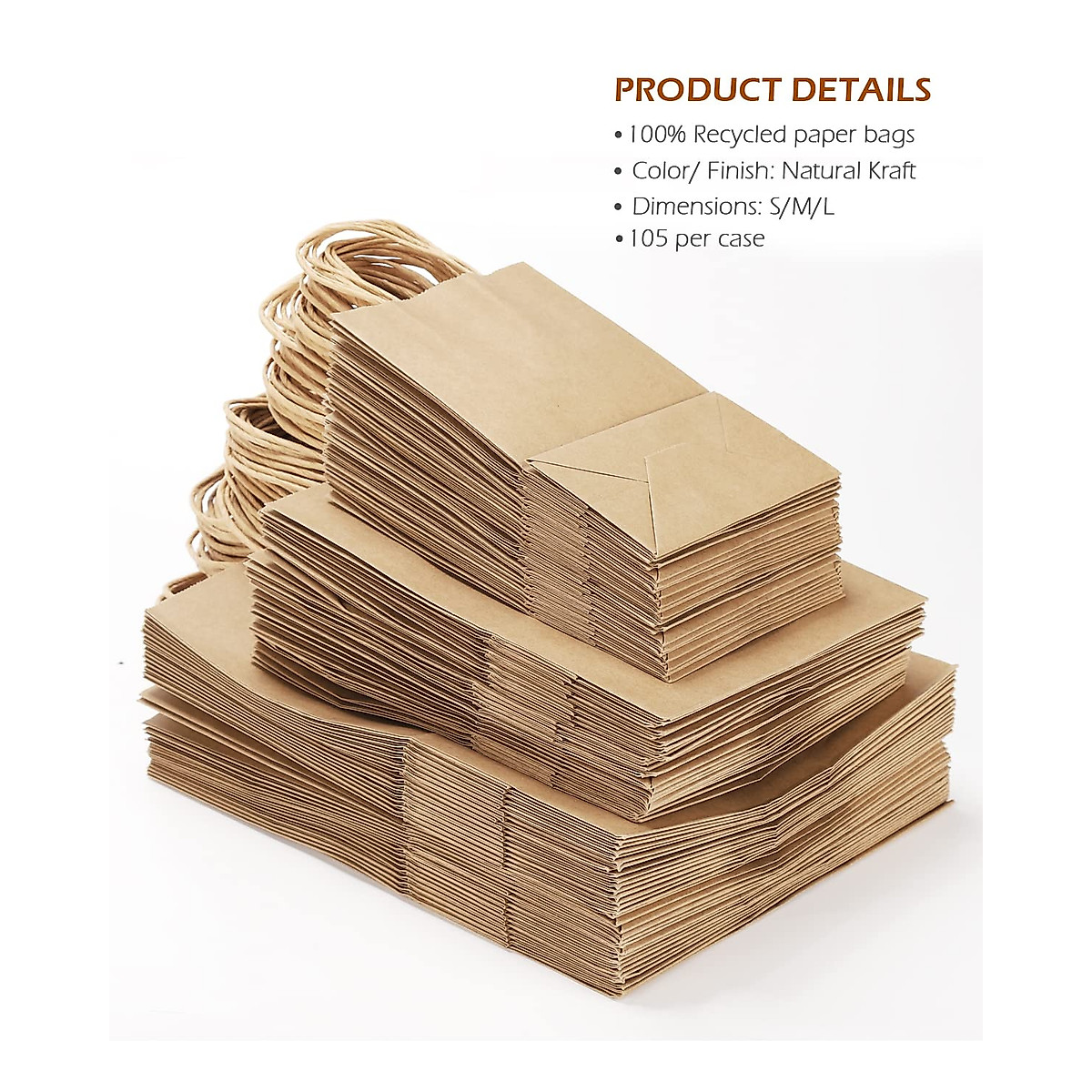 Kslong 105 Pack Brown Kraft Gift Bags with Handles, Natural Plain Kraft Paper Shopping Bags Bulk for Retail Business, Grocery, Merchandise, Craft, Birthday, Wedding, Party Favors in 3 Sizes