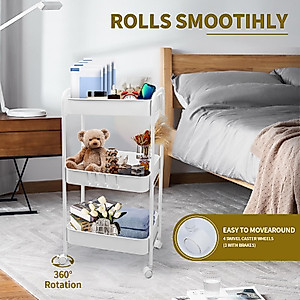 3-Tier Metal Rolling Utility Cart,Rolling Storage Organizer cart with Wheels, White