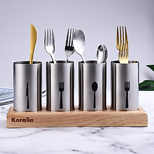 Koralia Home Stainless Steel Flatware & Silverware 3PC 4PC Organizer Organiser Cutlery Holder with Wood Base for Spoons, Forks, Knives – Ideal for Kitchen, Dining, and Much More (4PCS)